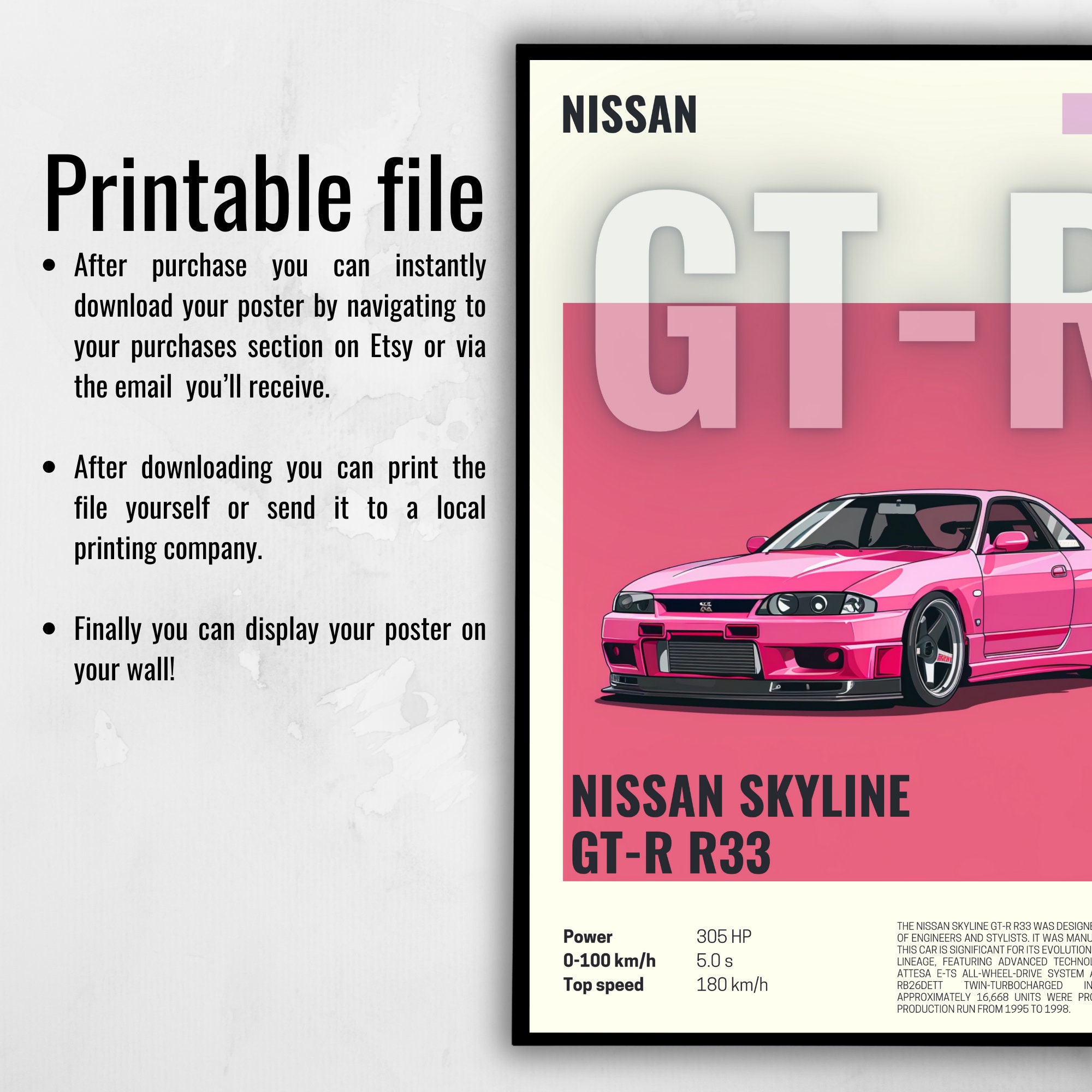 Nissan Skyline GTR R33 Poster Gift for Car Guy, Car Poster Wall Art ...