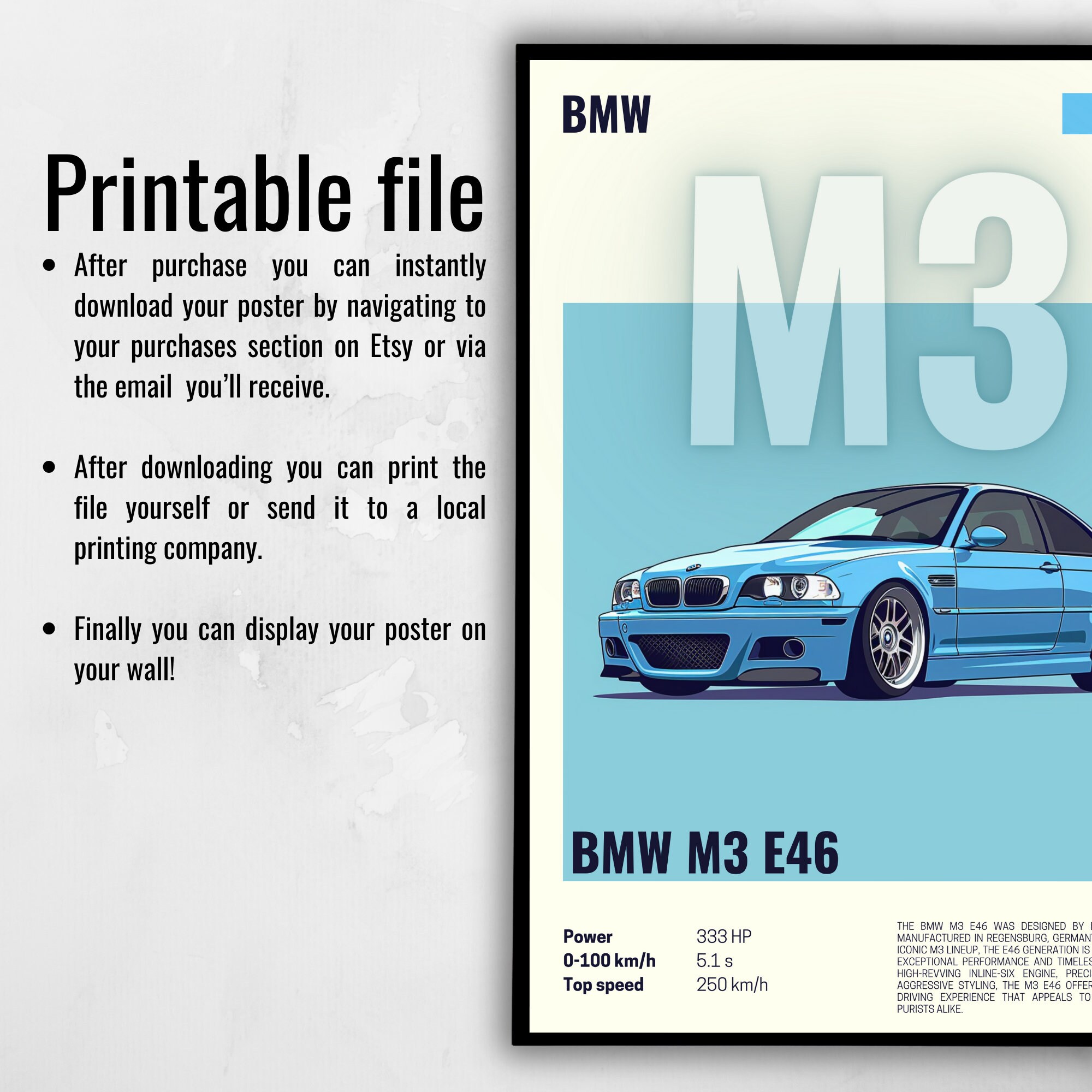 BMW M3 E46 Poster Gift for Car Guy, Car Poster Wall Art Digital ...