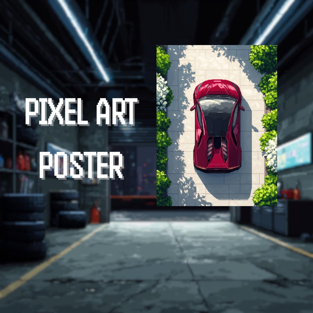 Pixelated Art Luxury Car Poster, Top Down Supercar Wall Art, Pixelated ...