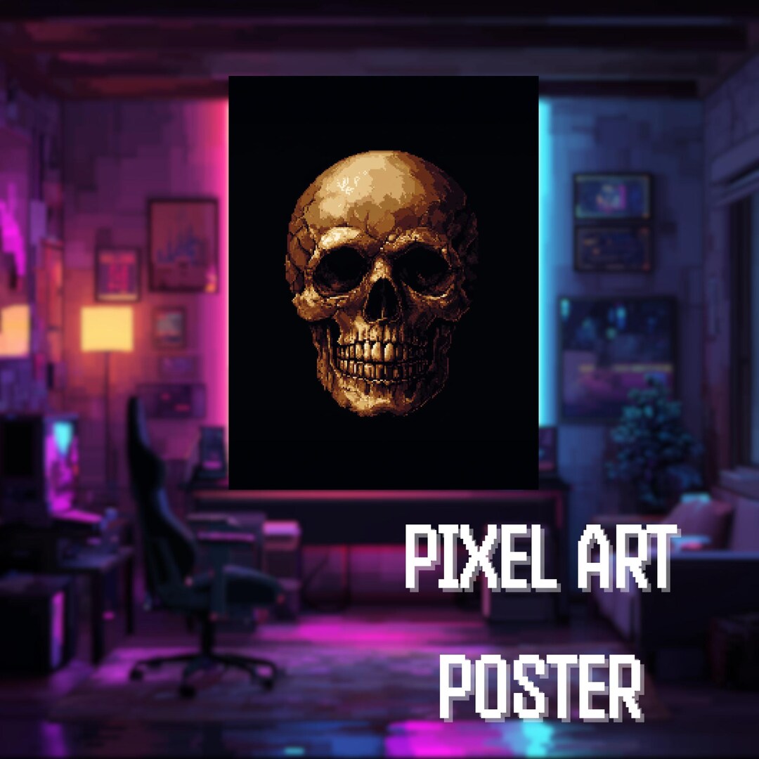 Pixelated Art Skull Poster Dark Wall Decor Gothic Skeleton Print Horror ...