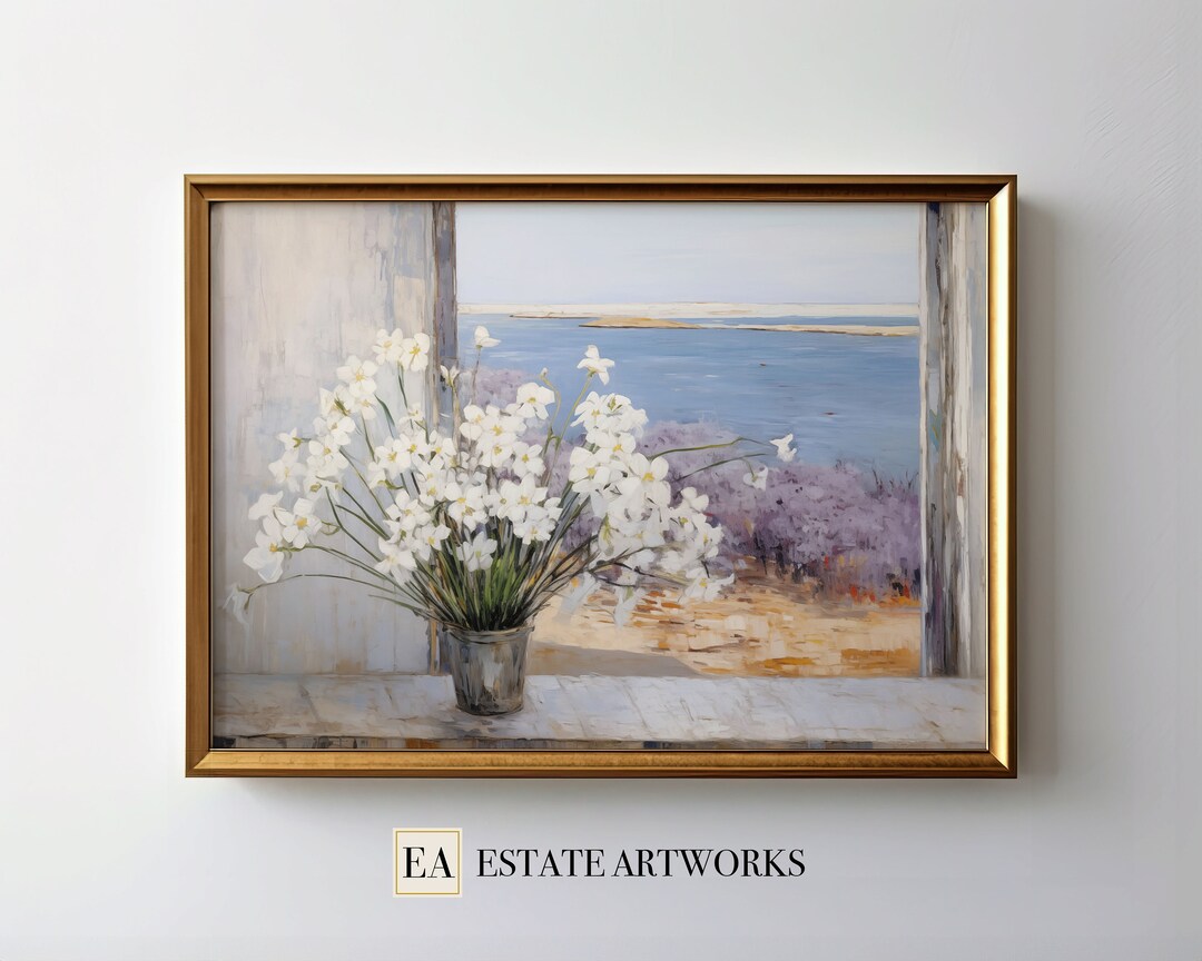 Seascape Serenity - Window View With Daffodils Digital Art Print - Etsy