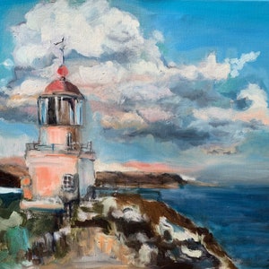Coastal Beach Lighthouse Landscape Original Oil on Canvas Painting ...