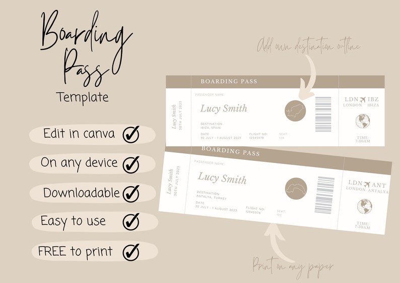 Fully Editable Boarding Pass Template Printable Personalised Airline ...