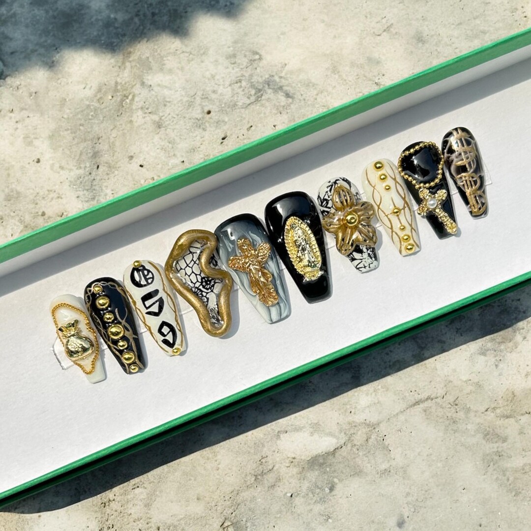 G59 Gold and Black Thy Will Be Done 3D Nails - Etsy