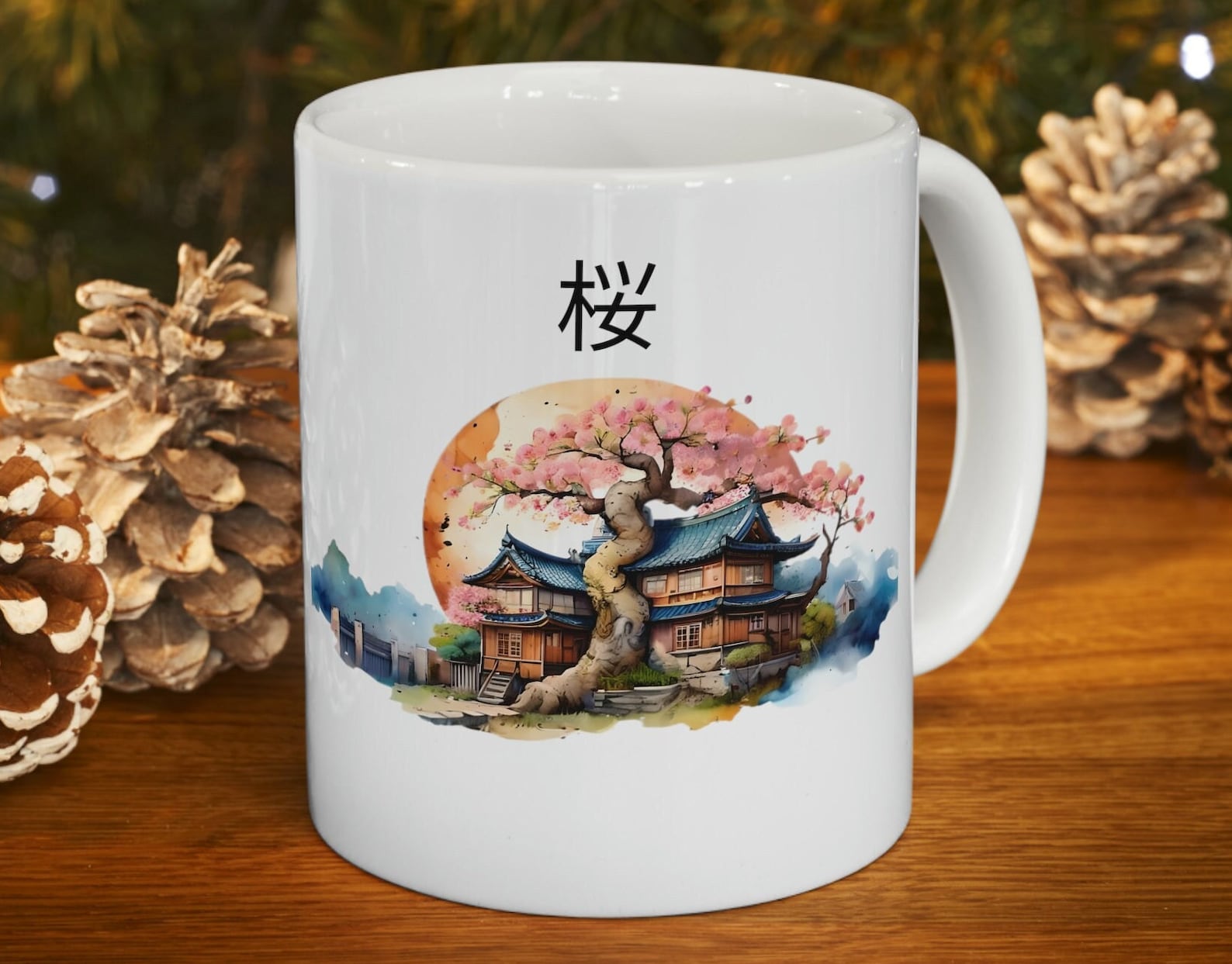 Japanese Sakura Mug, Cherry Blossom Pagoda Art, Vintage Aesthetic ...