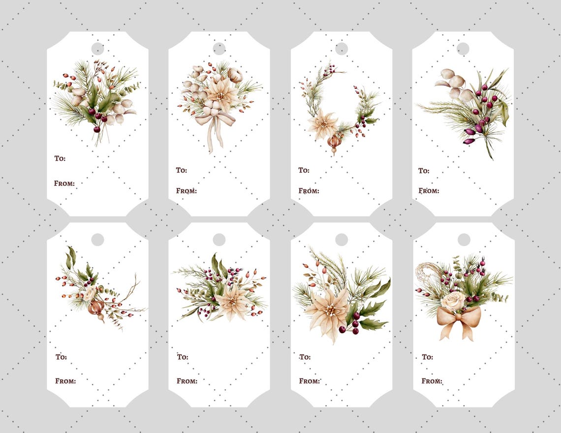 Floral Christmas Gift Tags, PDF / PNG Digital Design Files, Instant ...