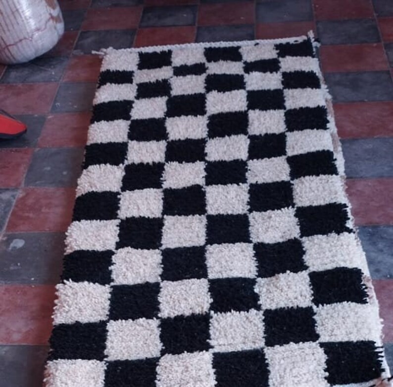 Black and White Checkered Rug Handmade Wool Berber Carpet Rug Moroccan ...