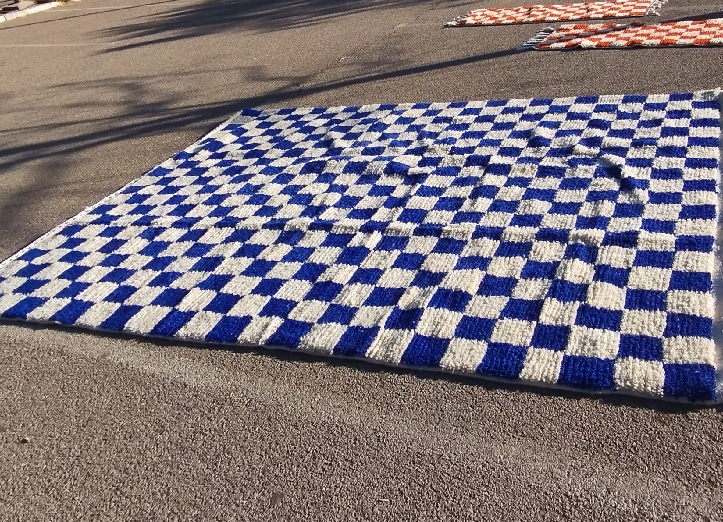 Checkered Rug Blue Wool Berber Handmade Checkerboard Rug Hand Knotted ...