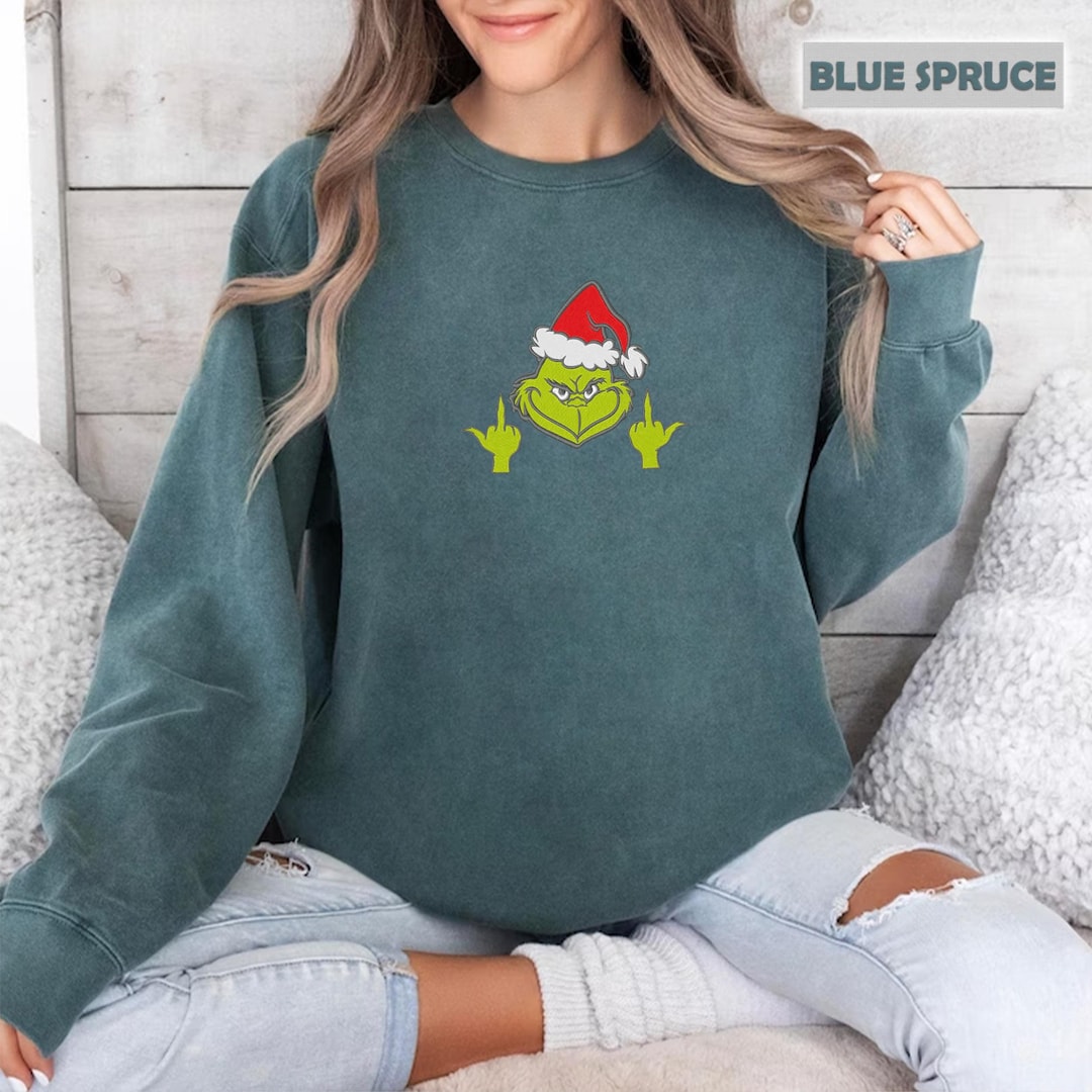 Embroidered the Grinch Middle Finger Sweater, Cozy Grinch Xmas Sweater ...