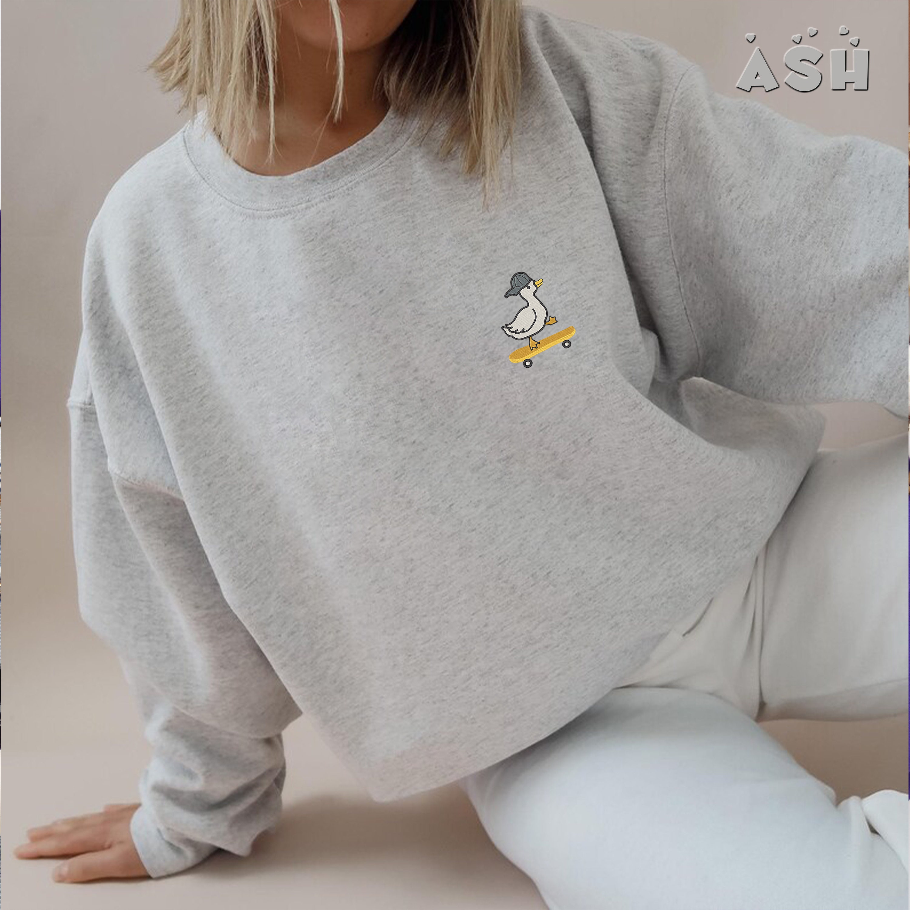 Embroidered Duck Skateboard Sweatshirt, Duck Sweater, Animal Lover ...