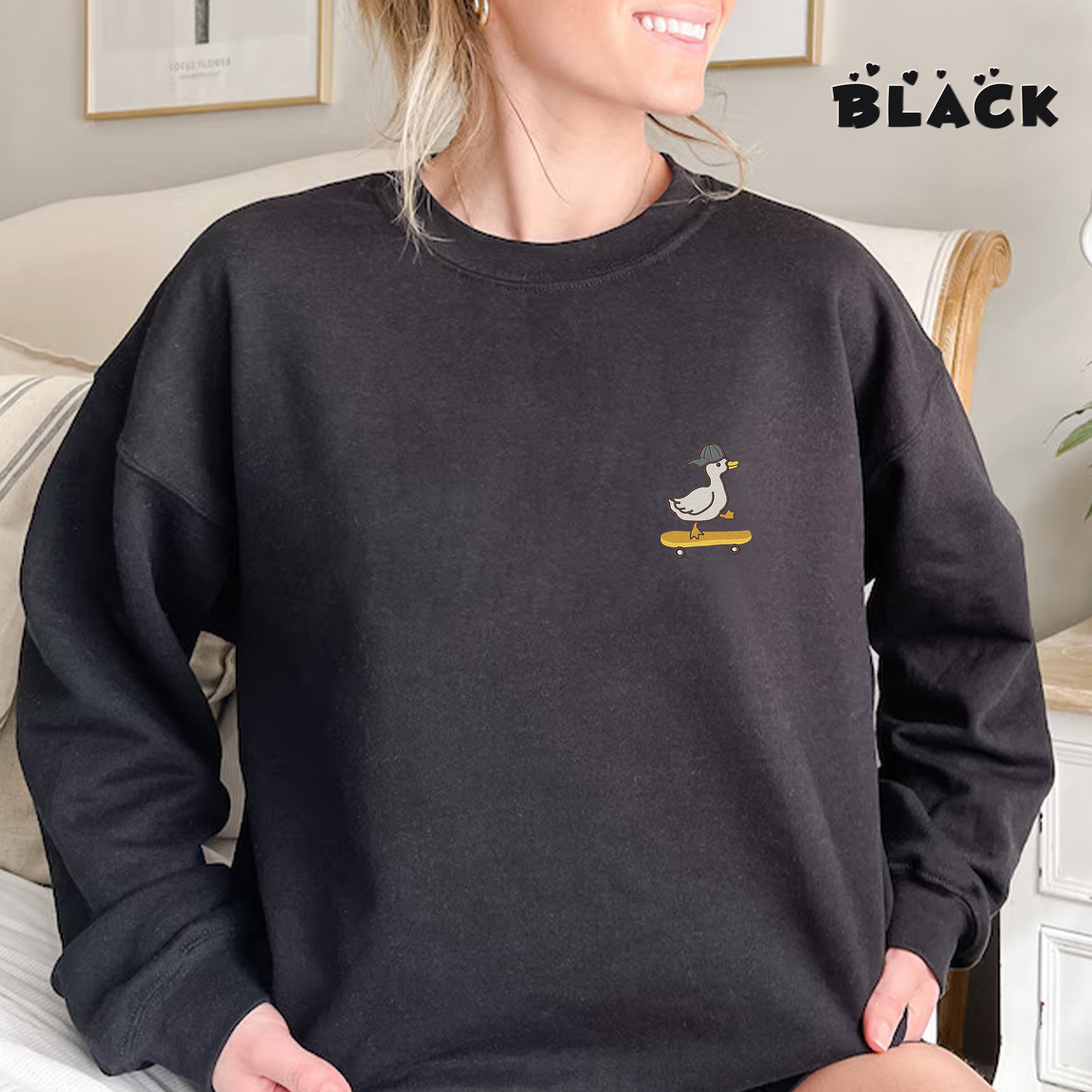 Embroidered Duck Skateboard Sweatshirt, Duck Sweater, Animal Lover ...