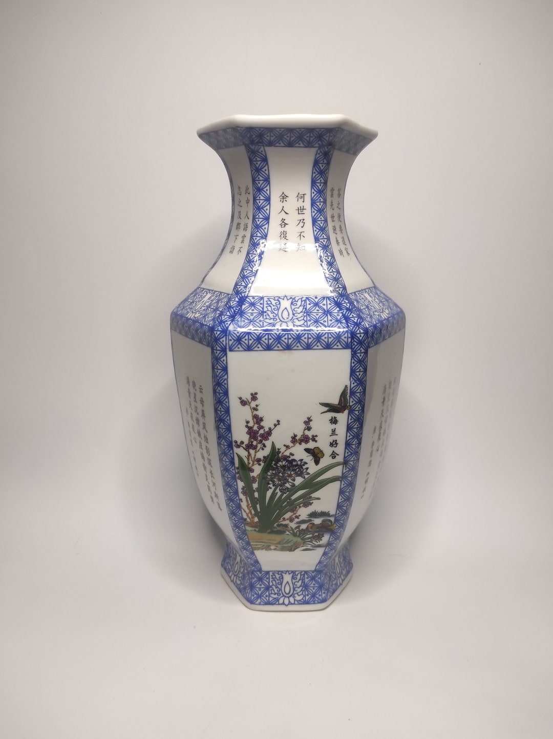 Hexagonal Chinese Vintage Porcelain Poetry Vase With Qianlong Stamp 30 ...