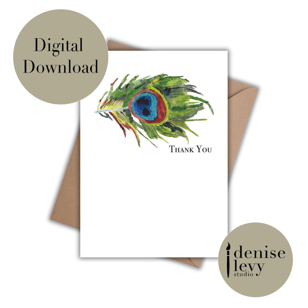 Printable Thank You Card, Peacock Feather Card, Watercolor, Elegant ...