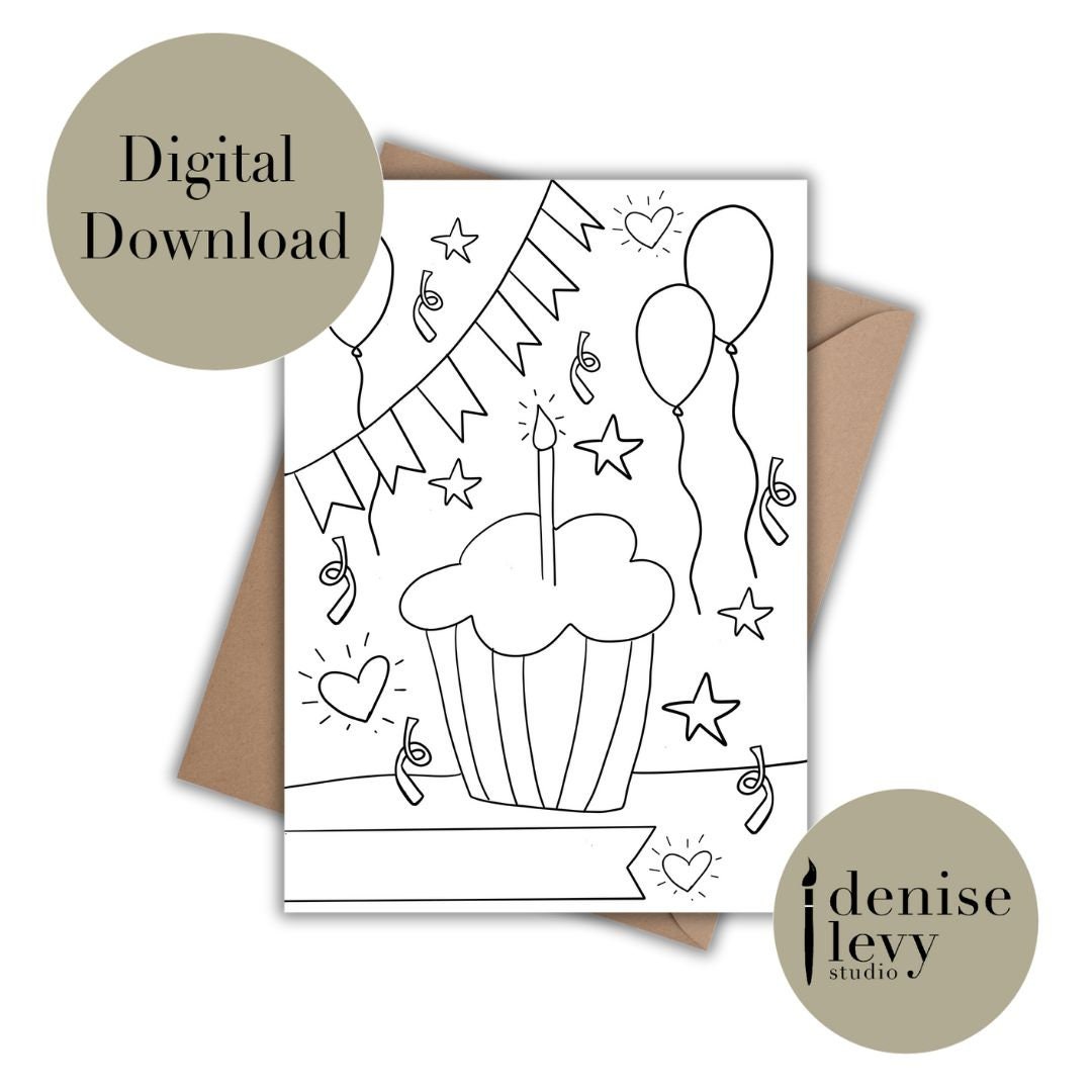 Printable Birthday Coloring Card, Birthday Card, Cupcake, Color Your ...