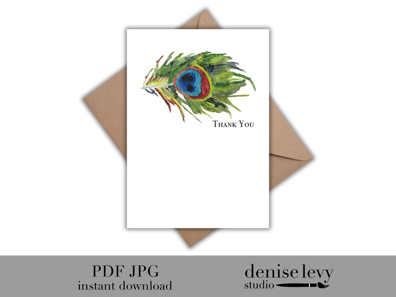 Printable Thank You Card, Peacock Feather Card, Watercolor, Elegant ...