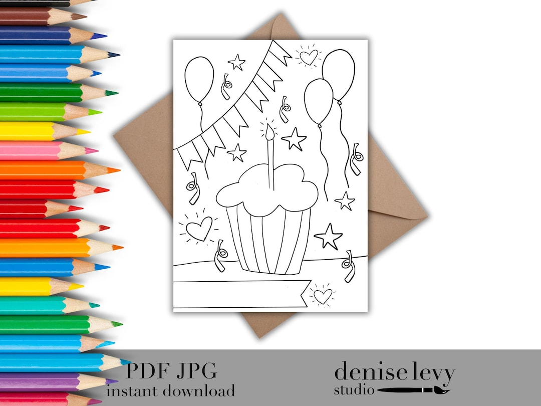 Printable Birthday Coloring Card, Birthday Card, Cupcake, Color Your ...