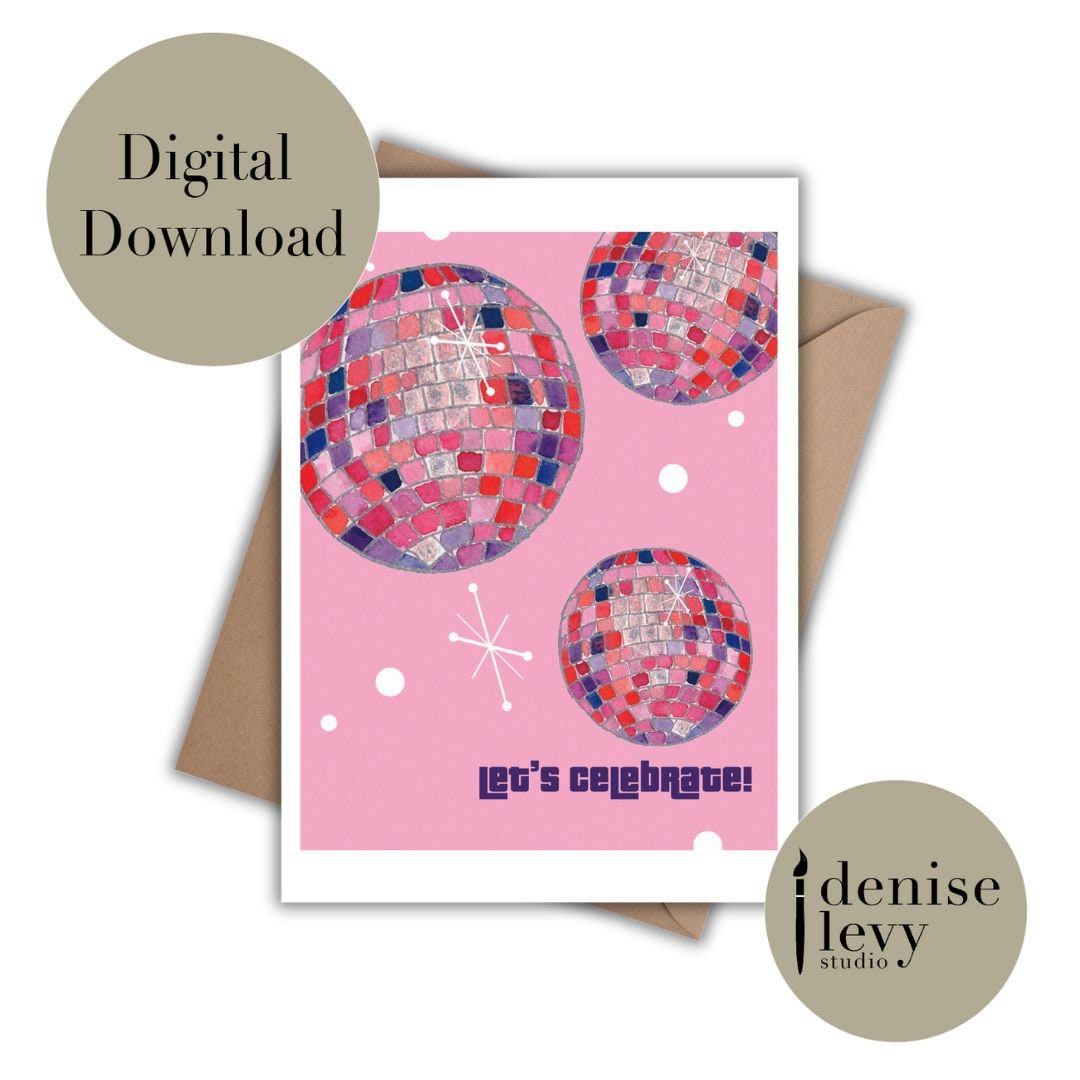 Disco Birthday Card: Watercolor Disco Balls (PDF, JPG) - Etsy