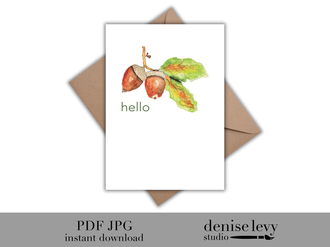 Printable Acorn Hello Card, Watercolor Acorn, Greeting Card, Autumn ...