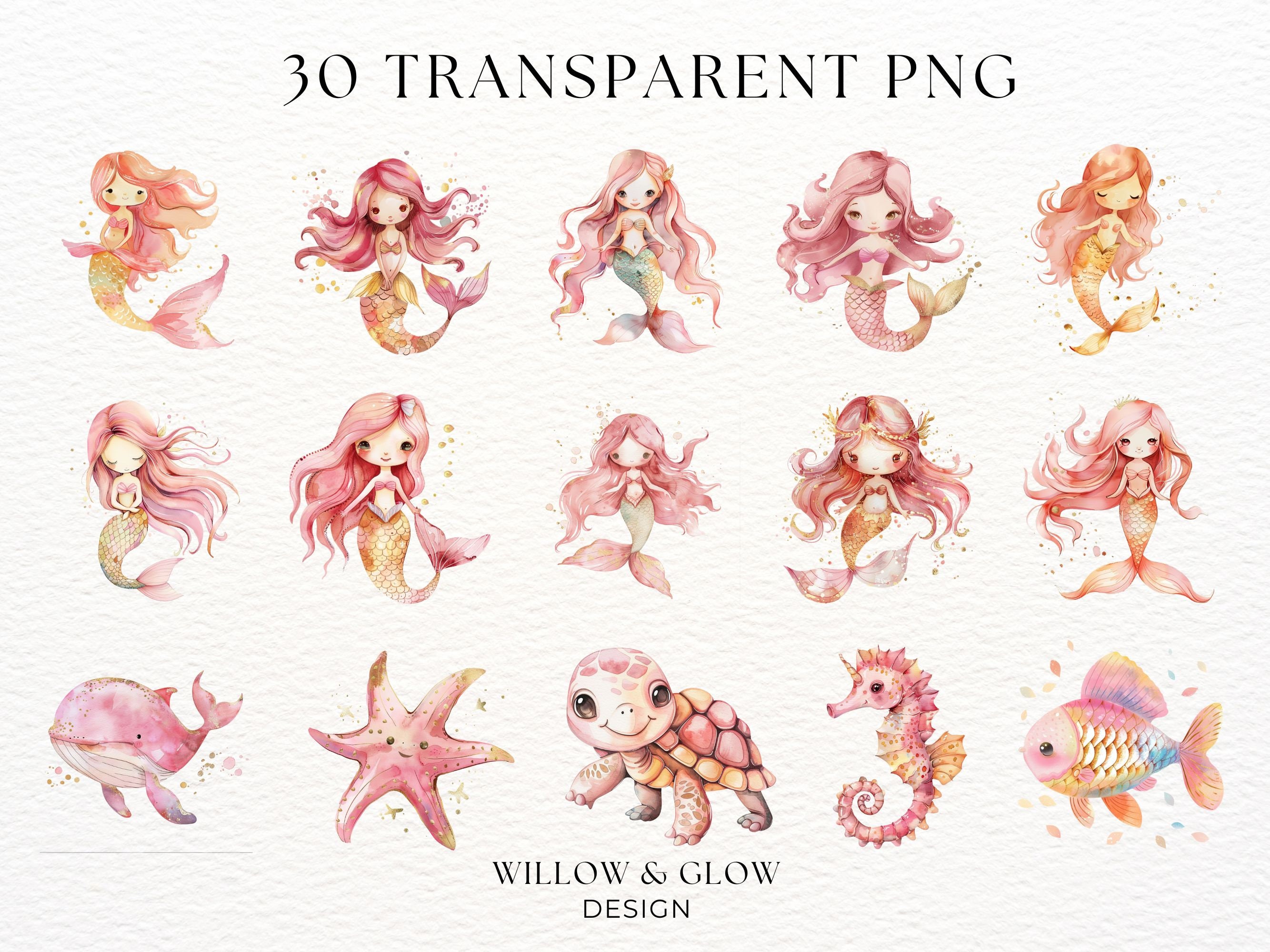 Pink Little Mermaid Watercolor Clipart - Sea Animals Clipart - Under ...