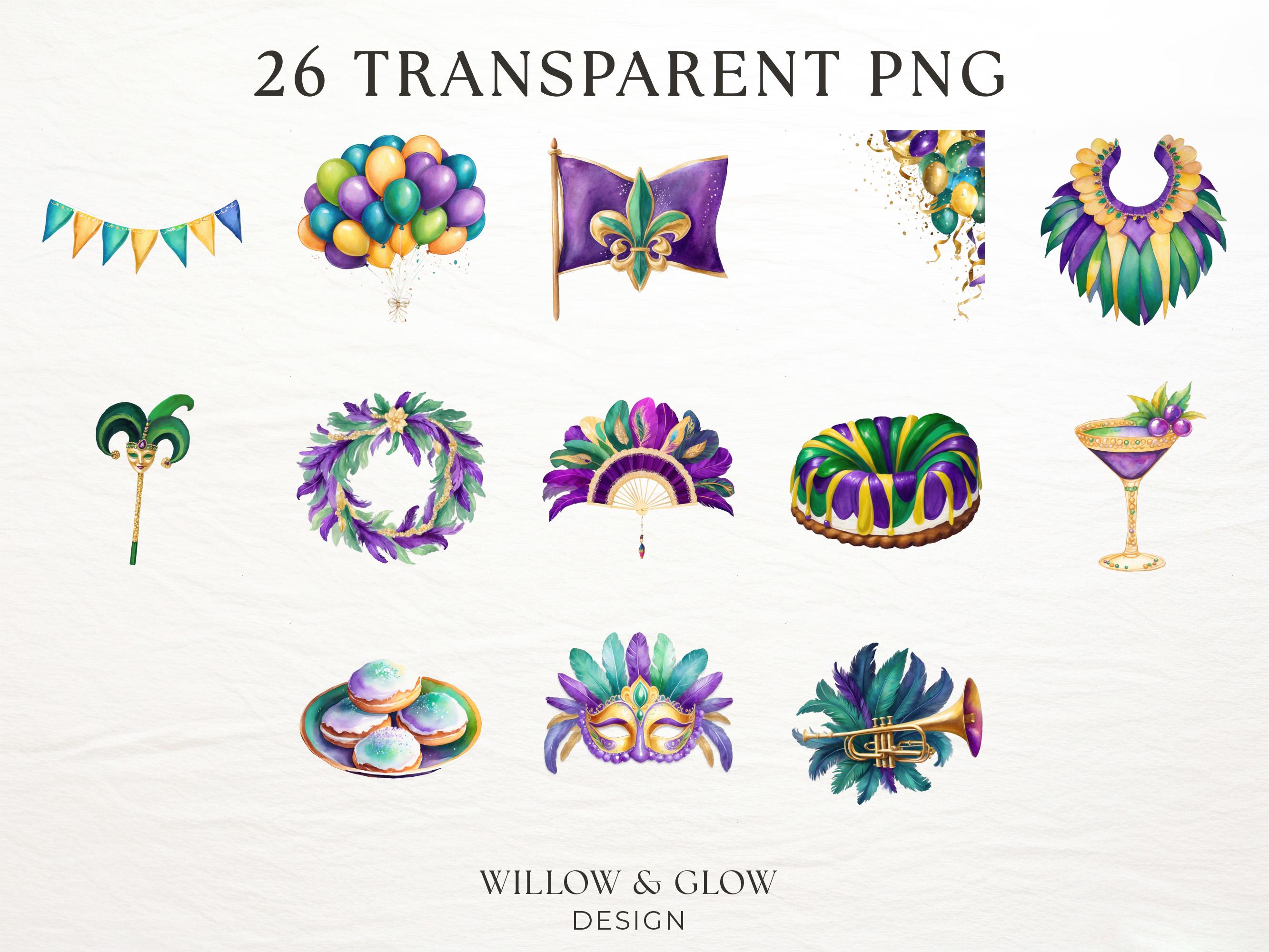 Mardi Gras Clipart Pack - 26 Watercolor Masks, Beads, Crowns & Parade ...