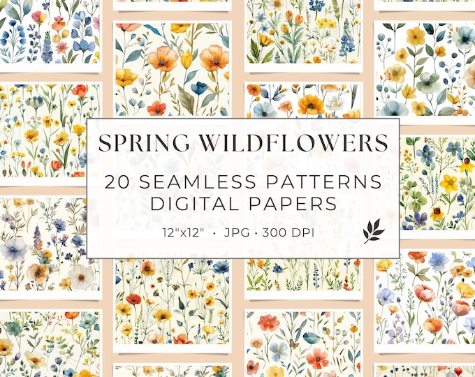 12 Pastel Flowers Patterns, Floral Digital Paper, Spring Wildflower ...