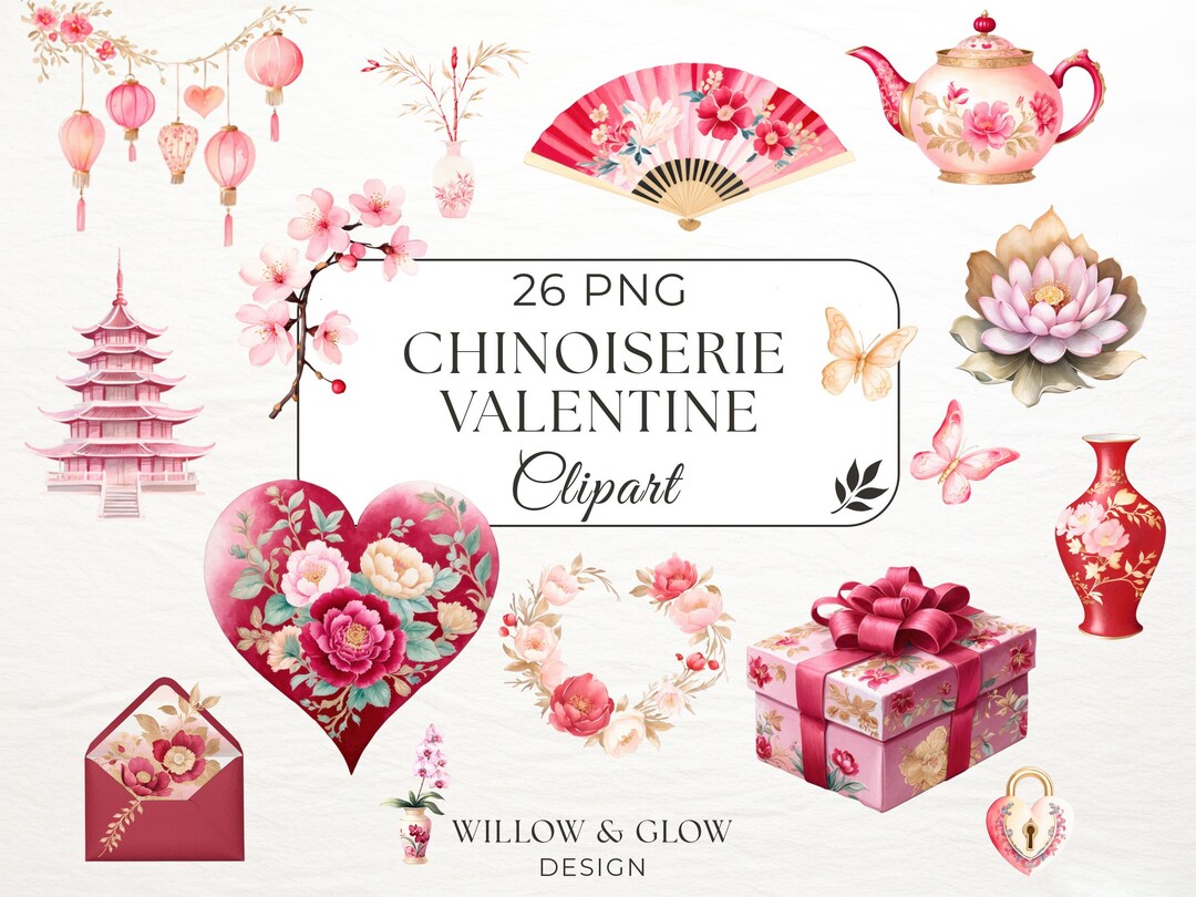 Chinoiserie Valentine Clipart Pack - 26 Watercolor Pink Florals, Vases ...