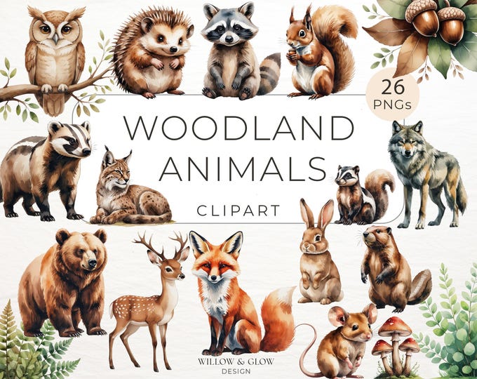 Woodland Animals Watercolor Clipart, Forest PNG Bundle Cute Fox Bear ...