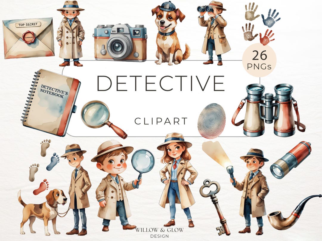 Watercolor Detective Clipart Pack - 26 Mystery and Spy Graphics ...