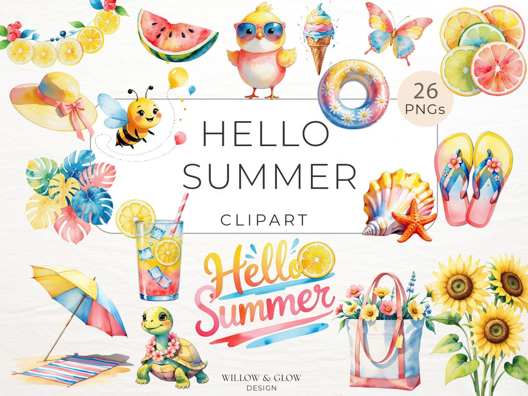 Hello Summer Clipart Pack - 26 Watercolor Summer Fruits, Beach & Lemon ...