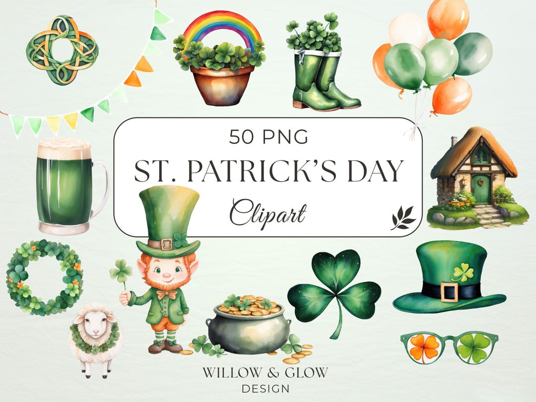 St. Patrick's Day Clipart Pack - 50 Watercolor Leprechauns, Shamrocks ...