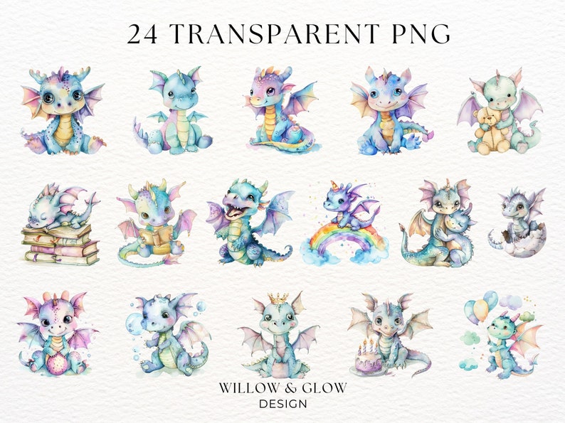 Baby Dragon Clipart - Watercolor Dragon Kids Clipart - Magical Fantasy ...