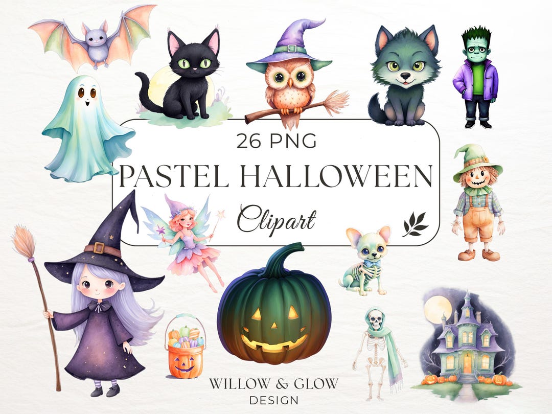 Pastel Halloween Clipart Pack Cute Ghost, Pumpkin, Witch, Monster ...