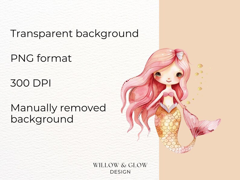 Pink Little Mermaid Watercolor Clipart - Sea Animals Clipart - Under ...