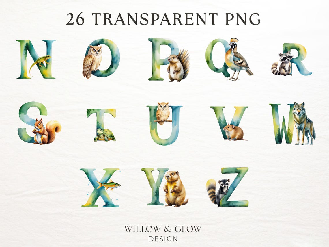 Woodland Alphabet Clipart Pack - 26 Watercolor ABC Letters With ...