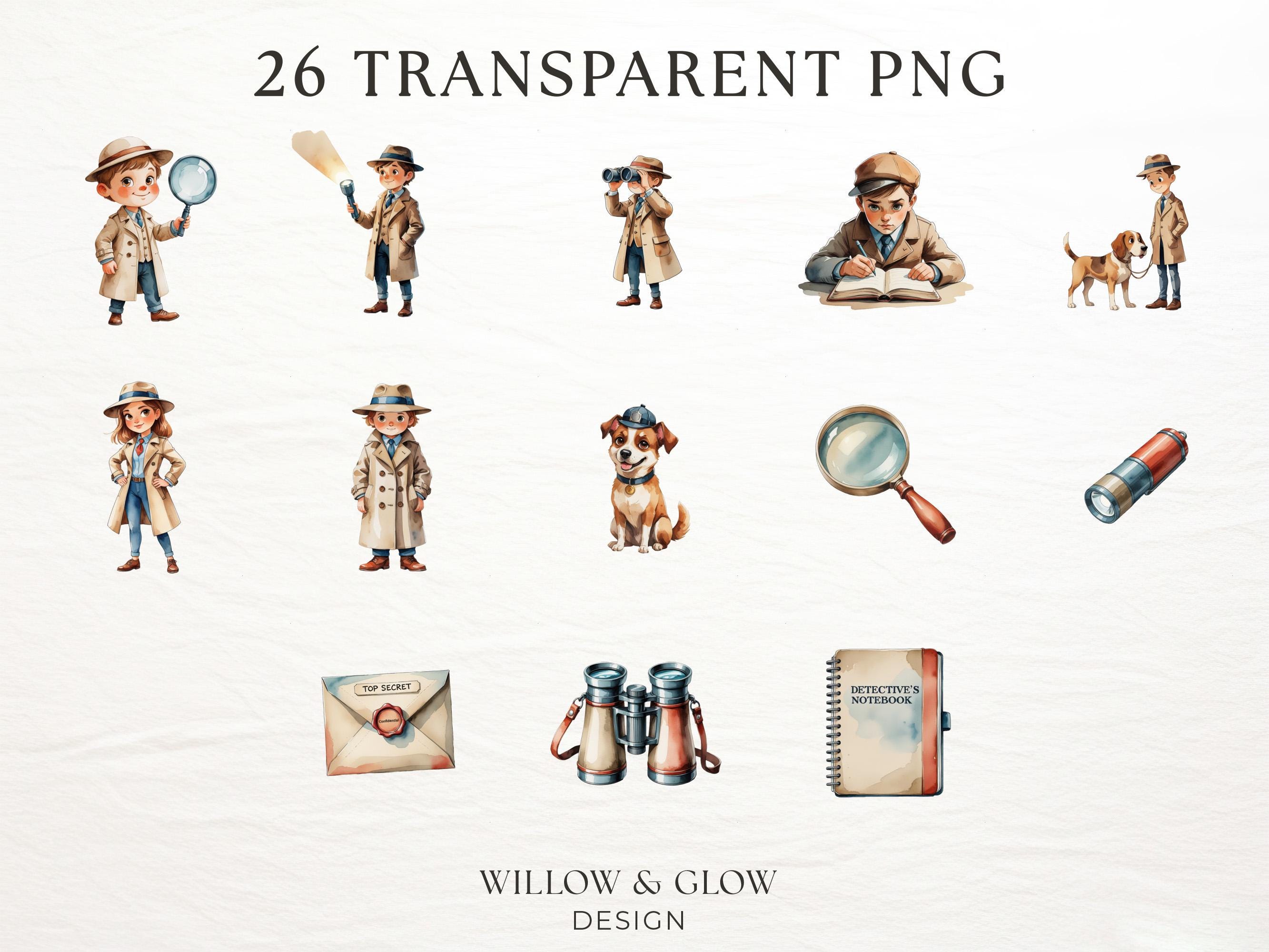 Watercolor Detective Clipart Pack - 26 Mystery and Spy Graphics ...