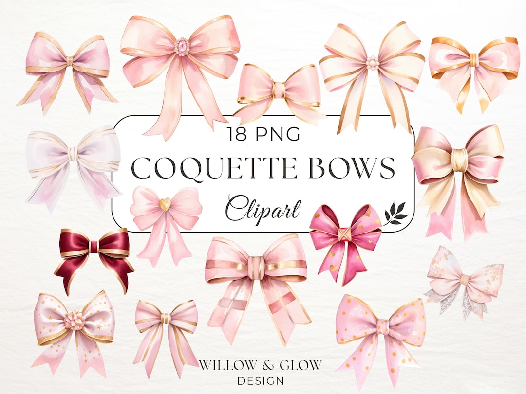 Coquette Bow Clipart Pack - 18 Watercolor Pink Ribbons & Cute Bows ...