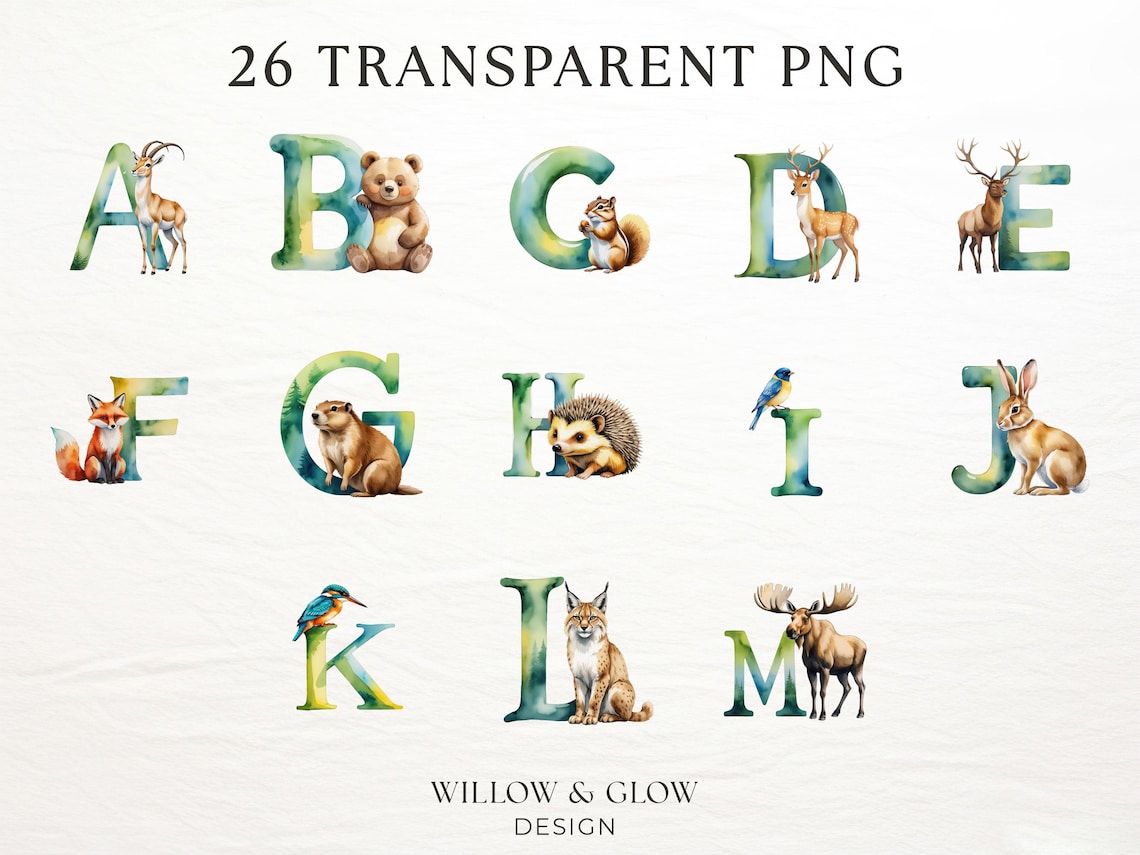 Woodland Alphabet Clipart Pack - 26 Watercolor ABC Letters With ...