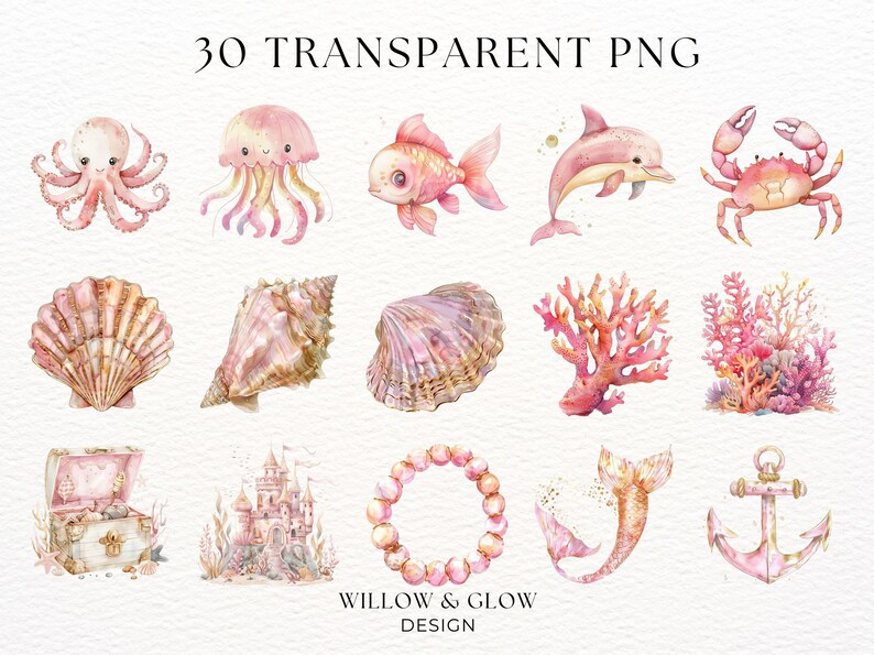 Pink Little Mermaid Watercolor Clipart - Sea Animals Clipart - Under ...