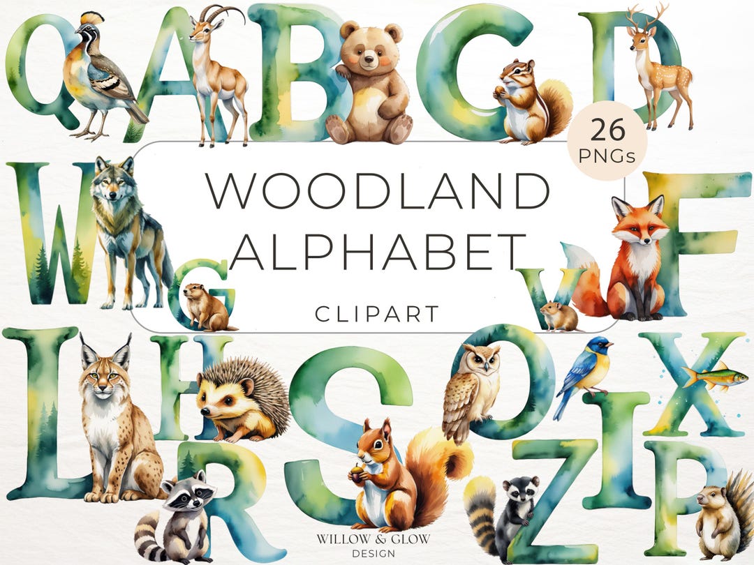Woodland Alphabet Clipart Pack - 26 Watercolor ABC Letters With ...