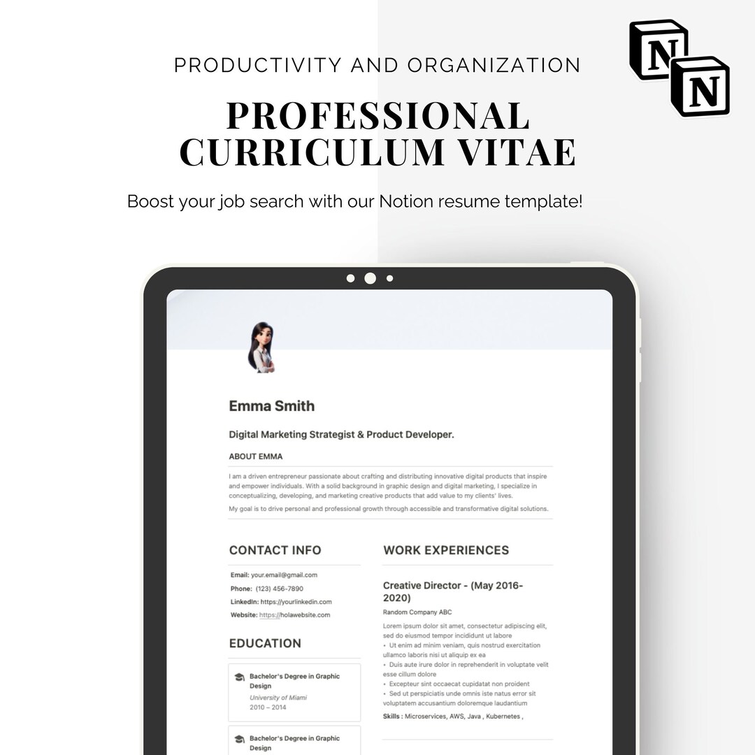 Notion Professional Resume Template - Creative and Professional Design ...