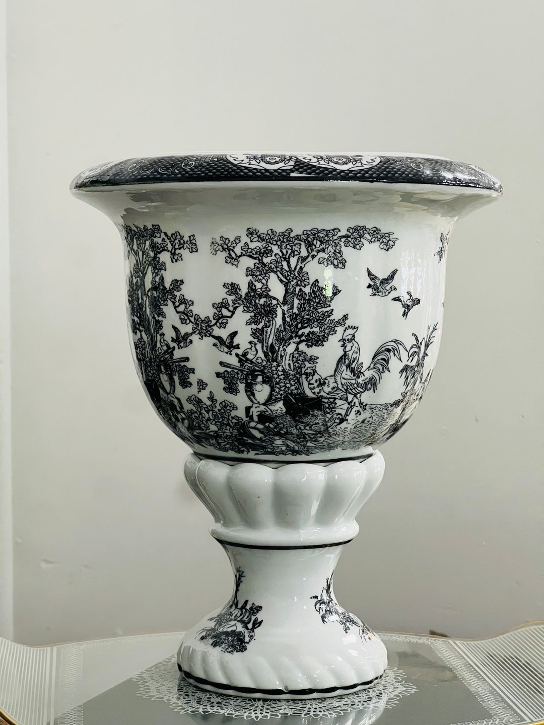Black and White Toile Birds / Rabbits Roosters Pattern Footed Urn ...