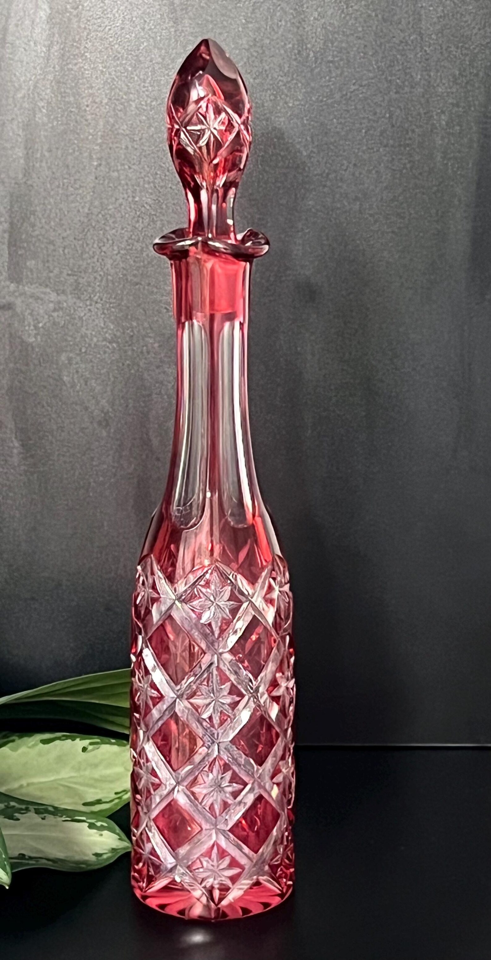 Rare Bohemian Cranberry Blown Glass Cut to Clear Diamond & Starburst ...