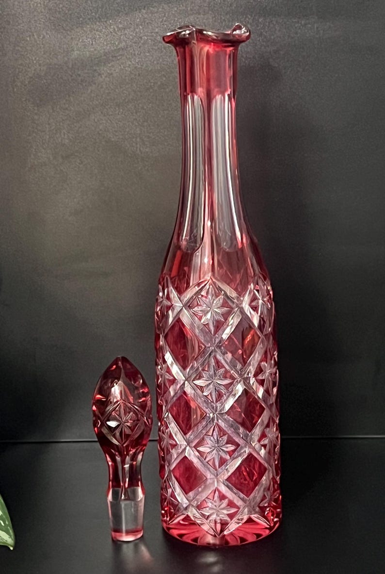 Rare Bohemian Cranberry Blown Glass Cut to Clear Diamond & Starburst ...