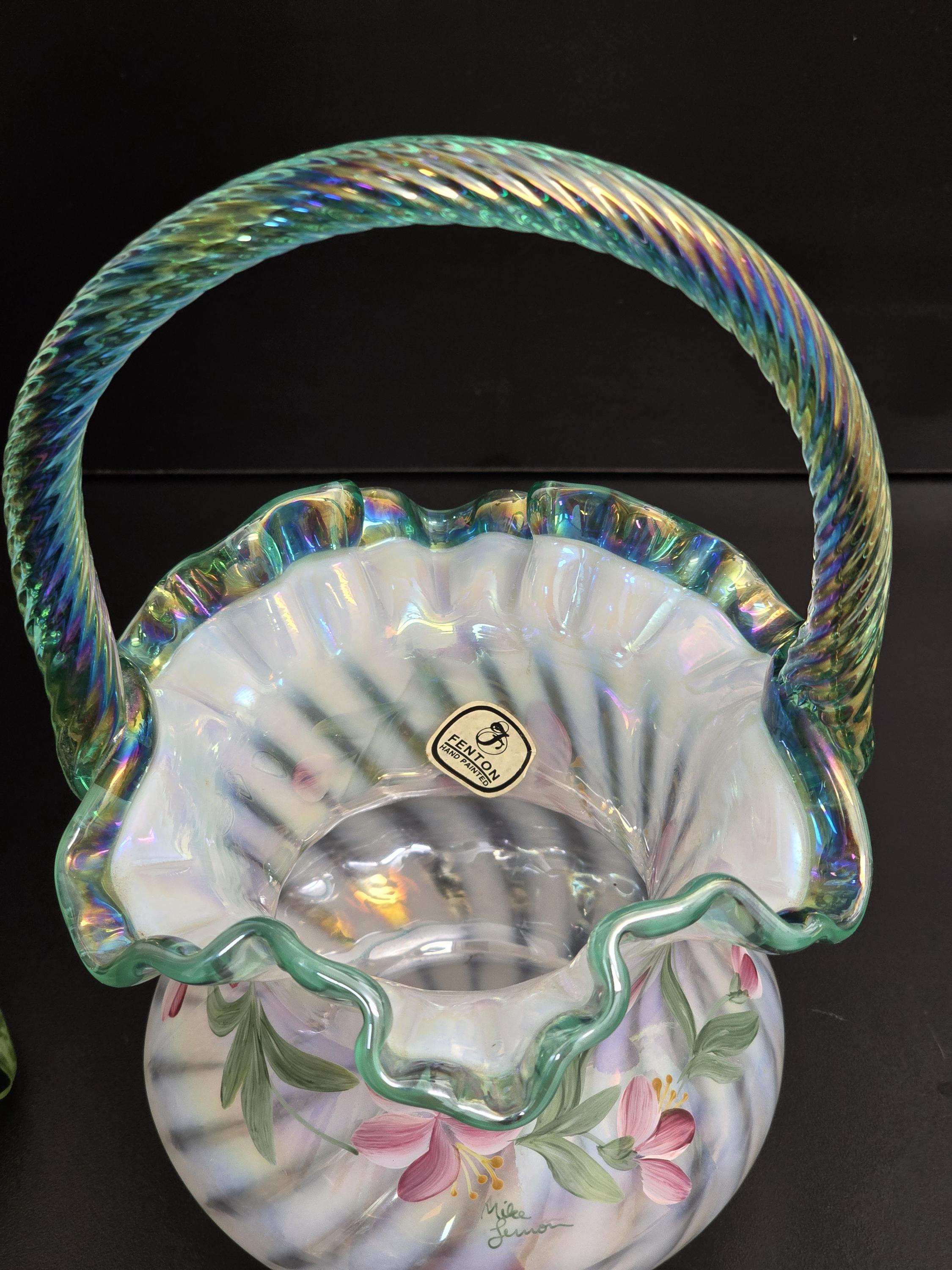 Fenton 90th Anniversary Hand Painted Iridescent Floral Basket Teal ...