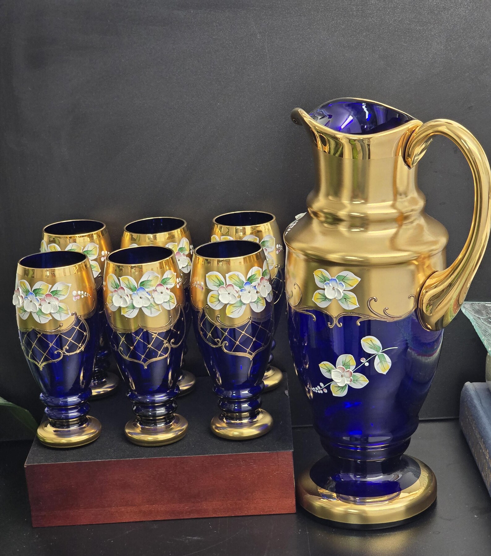 Vintage Bohemian Hand-painted Cobalt Blue & Gold Glassware Set - Etsy