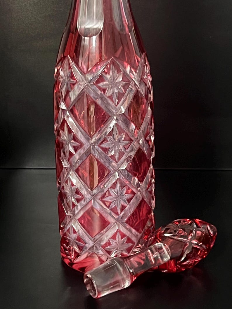 Rare Bohemian Cranberry Blown Glass Cut to Clear Diamond & Starburst ...