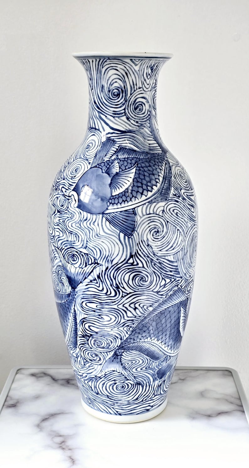 Vintage Chinoiserie Blue and White Koi Fish Porcelain Vase - Etsy