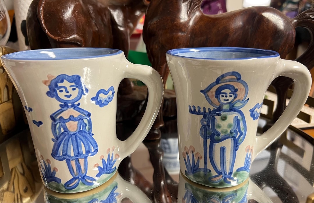 M.A. Hadley Pottery Hand-painted 12 Oz Flare Mugs Farmer & Wife Design ...