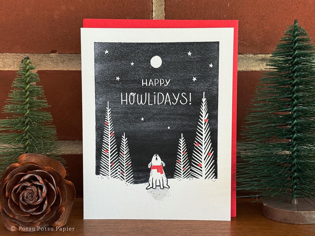 Howling Dog Christmas Card, Festive Handmade Holiday Cards - Etsy