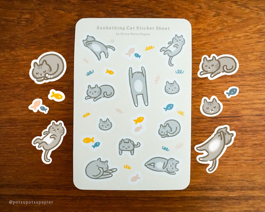 Sunbathing Cat Sticker Sheet, Cute Waterproof Stickers for Planners ...